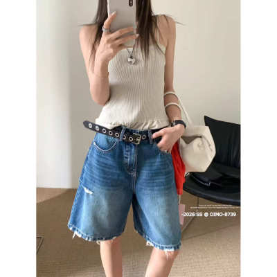 DIMO8739蓝色破洞牛仔短裤女夏季宽松显瘦高腰a字阔腿直筒五分裤