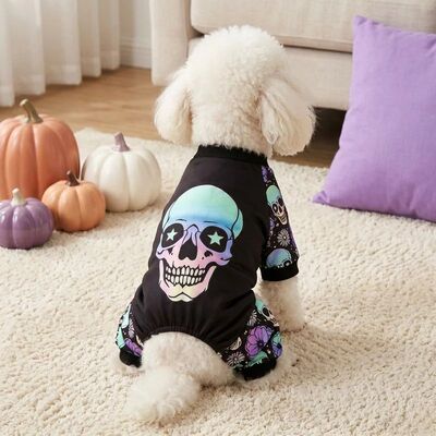 Halloween Dog Pajamas Floral Skull Pet Onesie 4-Legged Puppy