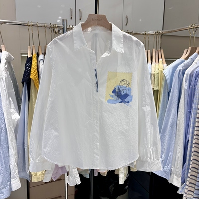 2026春季休闲风印花长袖衬衫女宽松翻领开衫百搭减龄设计感上衣新