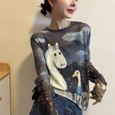 复古风卡通印花长袖T恤女2026春夏新款圆领百搭显瘦防晒上衣31768