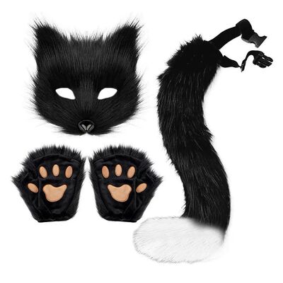 Fluffy Fur Tail Cat Paws Gloves And Wolf Therian Mask Set Fe