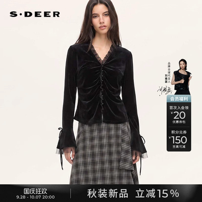 sdeer木耳边V领抽褶网纱拼接T恤