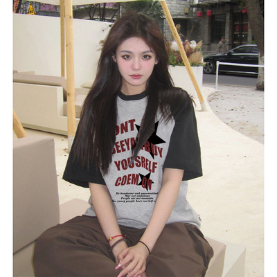 美式复古撞色插肩短袖ins大码