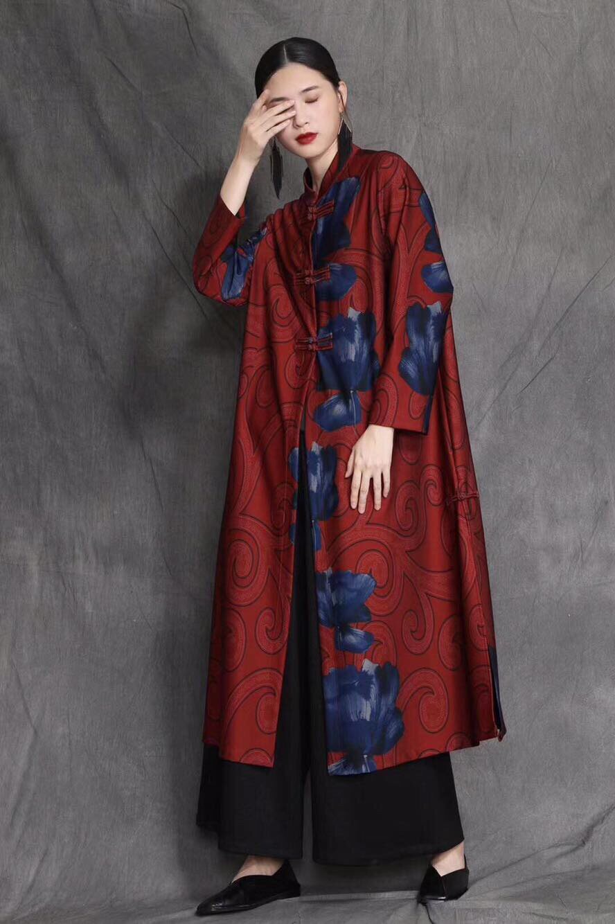 娜娜家2019新款秋冬款女装文艺复古宽松大码长款风衣外套开衫外披