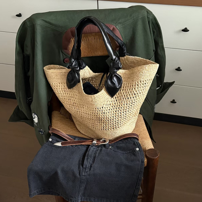 ins博主网红aki同款休闲百搭草编包打结编织包手提包大容量女包潮