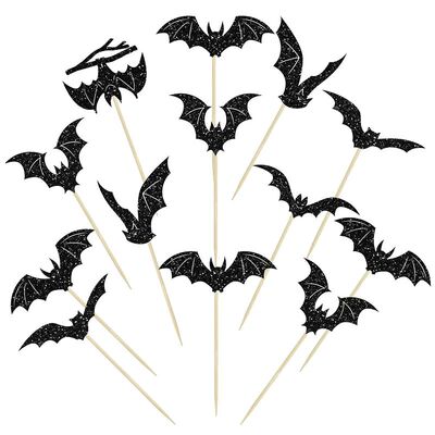 12/24Pcs Halloween Bat Cupcake Topper Black Glitter Bat Cupc