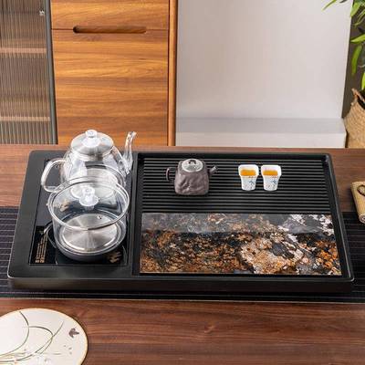 天然乌金石奢石岩板茶盘全自动烧水一体式电磁炉家用套装排水茶台