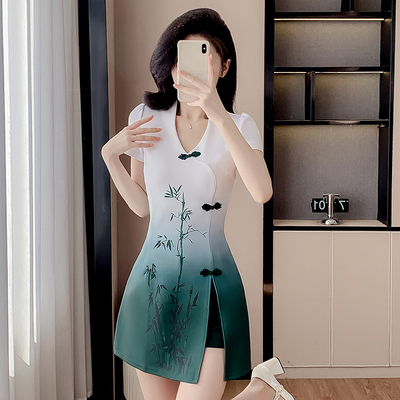 改良旗袍新款国风温柔年轻款气质女装小个子套装两件上班V领短裤