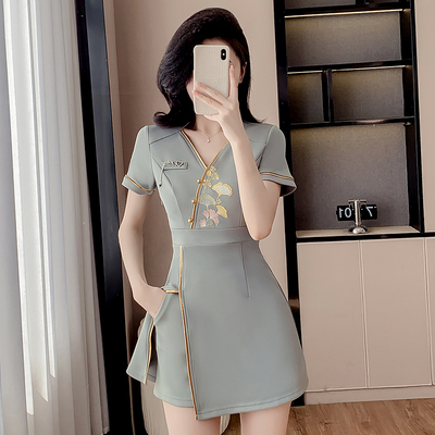 柔式spa按摩足浴技师工作服国风V领套装改良旗袍连衣裙短裤两件套