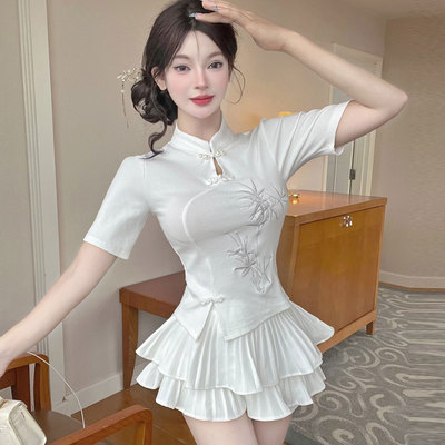 旗袍款沐足技师服新中式甜美小个子蛋糕裙套装女短裙旗袍国风刺绣