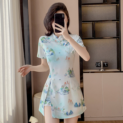 柔式spa按摩足浴技师工作服新中式气质国风套装裙旗袍连衣裙短裤