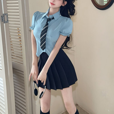 JK制服足浴技师工作服套装足疗店技师工衣女短袖领带衬衫百褶裙