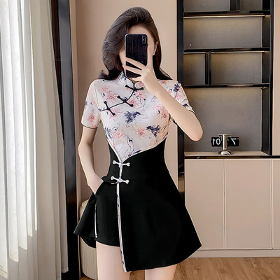 年轻款足浴工作服新中式改良旗袍连衣裙短裤餐饮服务员工服中国风