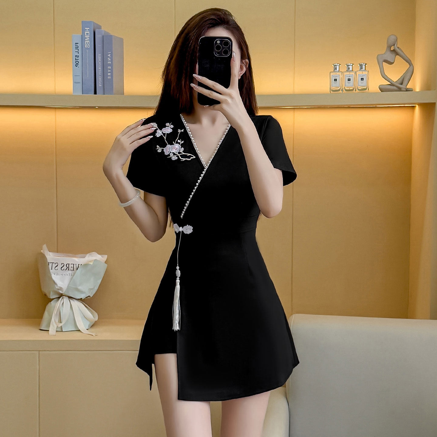 中式按摩洗浴柔式技师工作服性感短袖v领旗袍制服连衣裙气质工衣
