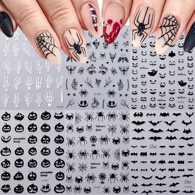 1pcs 5D Black Halloween-Themed Nail Stickers Bat/Ghost Face/