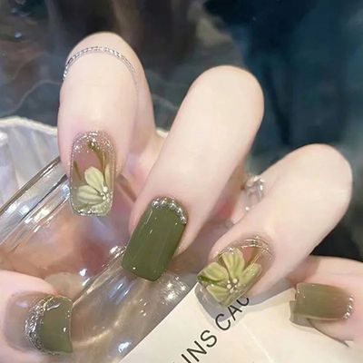24Pcs/Set Press On Fake Nails Green Wearing Reusable False N
