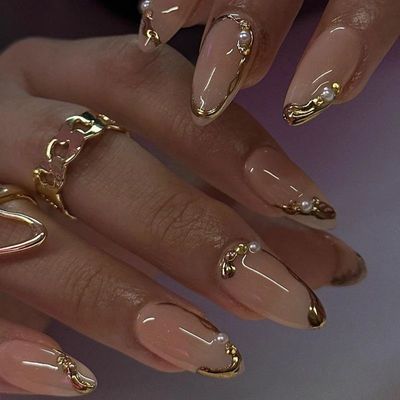 24Pcs French Gold Edge Wearable Almond Press on Fake Nails S