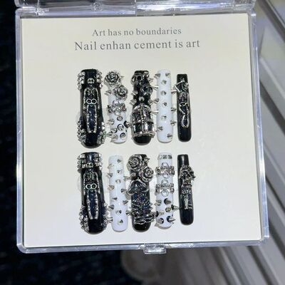 10pcs Handmade Long Coffin Press on Nails Halloween Cyberpun
