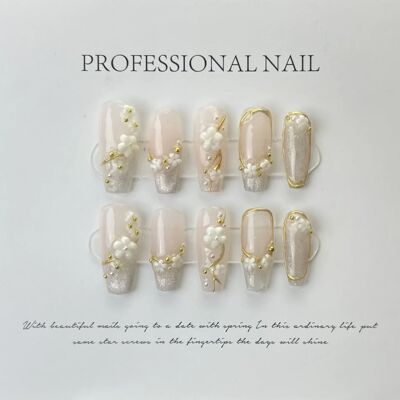 10Pcs Blue Handmade Press On Nails Set Ballet Wearable Artif