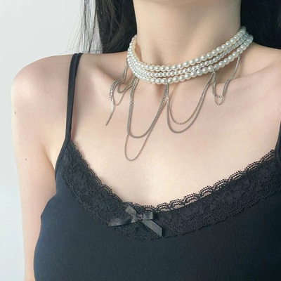 甜美淑女多层珍珠链条流苏项链法式轻奢时尚优雅气质百搭锁骨链女