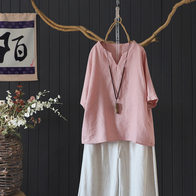 百搭五分袖汉麻小V领T恤上衣女