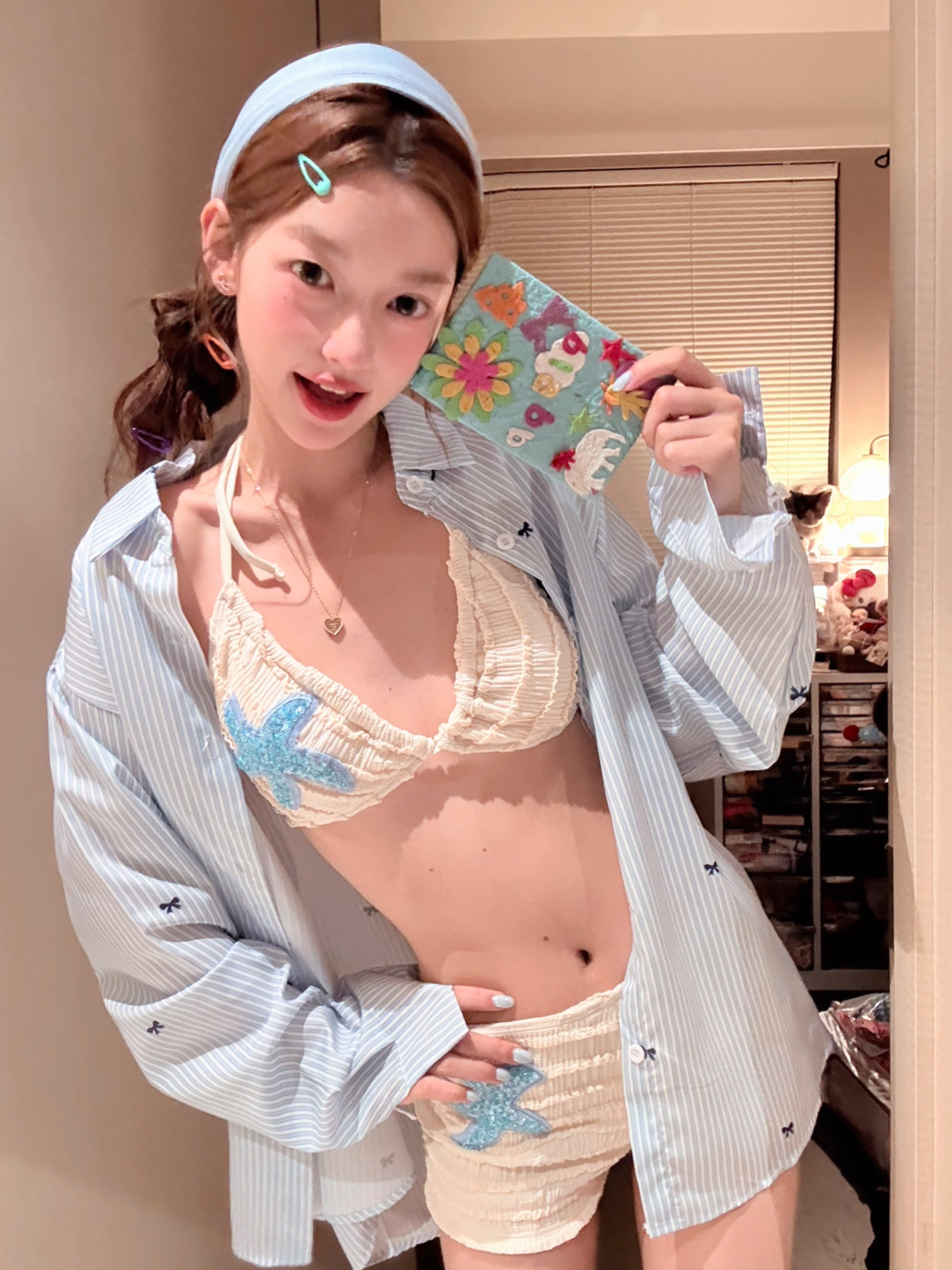泰国纯欲风分体泳衣女平角裤保守韩版比基尼衬衫开衫宽松少女防晒