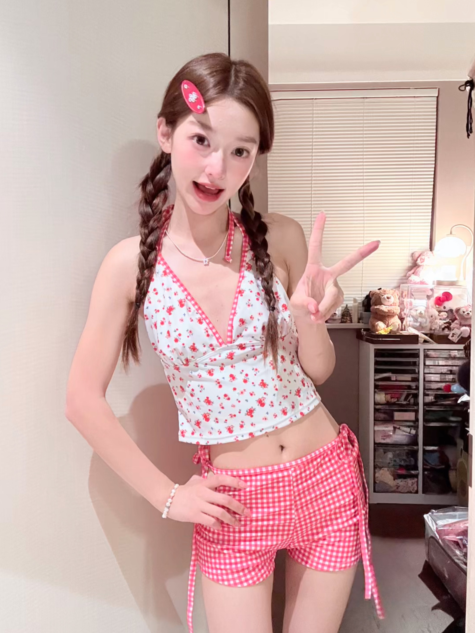 好美韩版碎花少女分体泳衣女保守遮肚遮肉平角裤水上乐园夏季新品