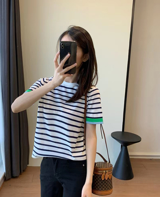 2025夏三醋酸撞色条纹圆领短袖