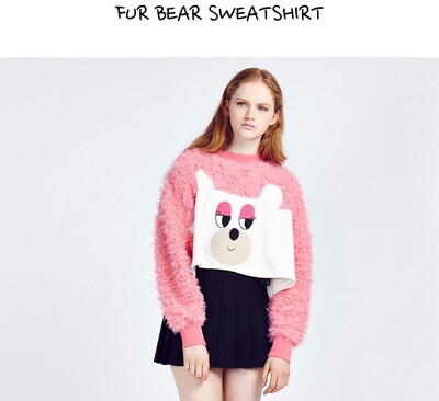 lazy oaf 粉色毛绒小熊绣花宽松长袖T恤慵懒风少女休闲棉超短卫衣