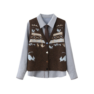 秋冬穿搭女新款宽松复古背心马甲学院风衬衫上衣两件套装2873