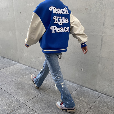 字母刺绣蓝色棒球服嘻哈夹克