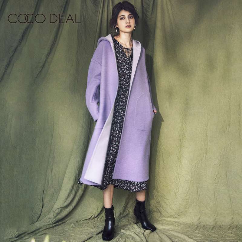COCO DEAL日系秋冬廓形连帽两穿中长款羊毛呢大衣外套79619302_虎窝淘