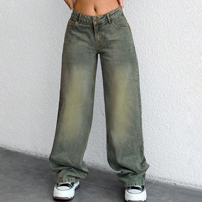 2026女士宽松直筒水洗做旧牛仔裤