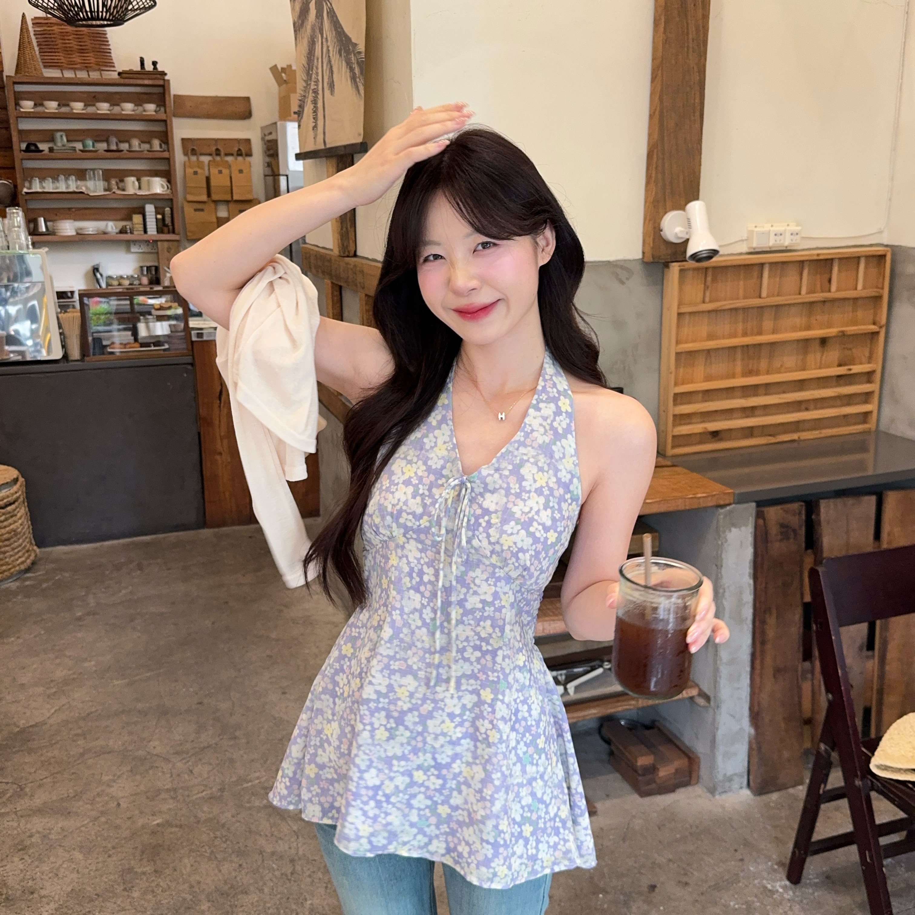 大码胖mm韩系甜美温柔风碎花挂脖系带背心+开衫显瘦套装