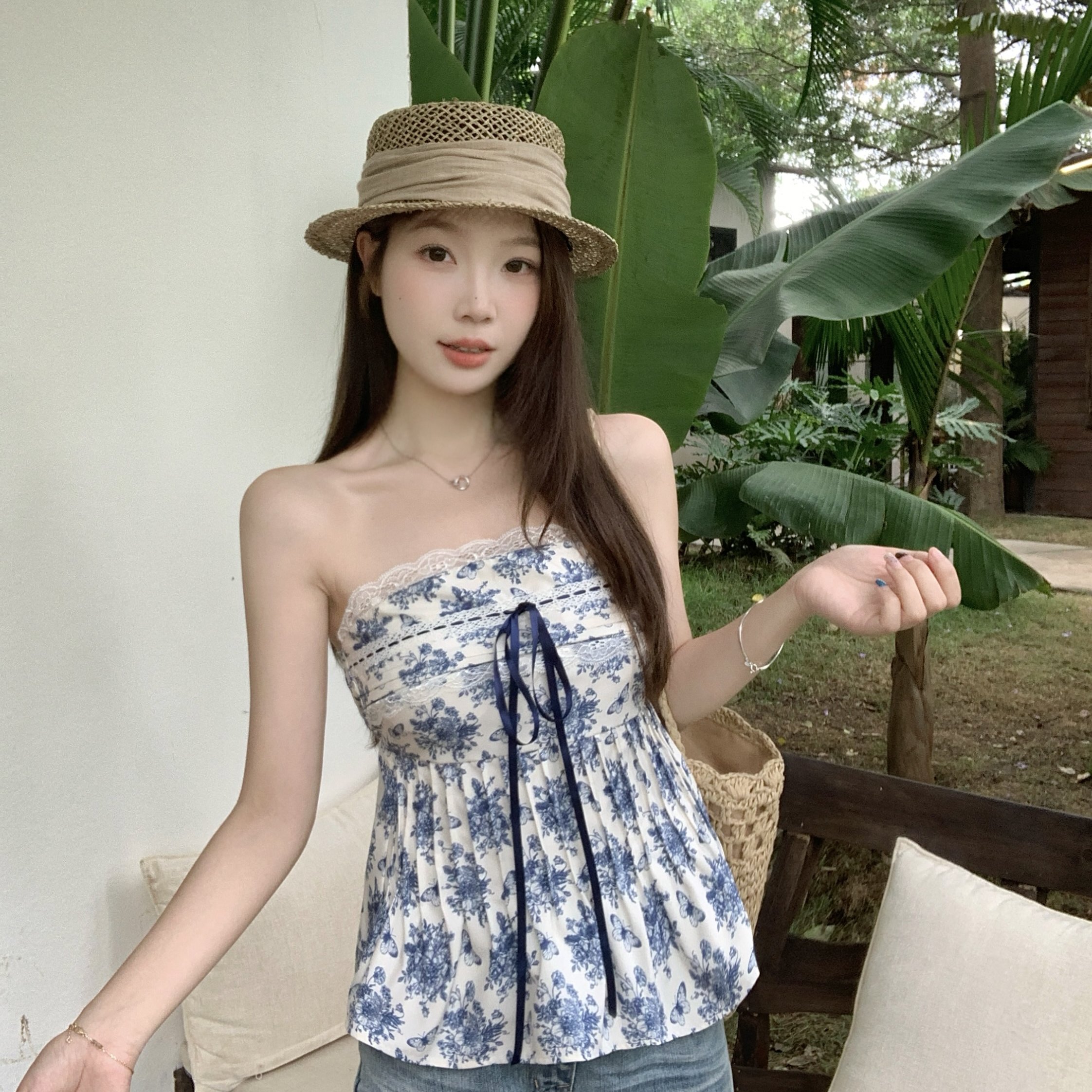 大码胖mm夏季复古青花瓷蕾丝边吊带背心收腰显瘦抹胸上衣