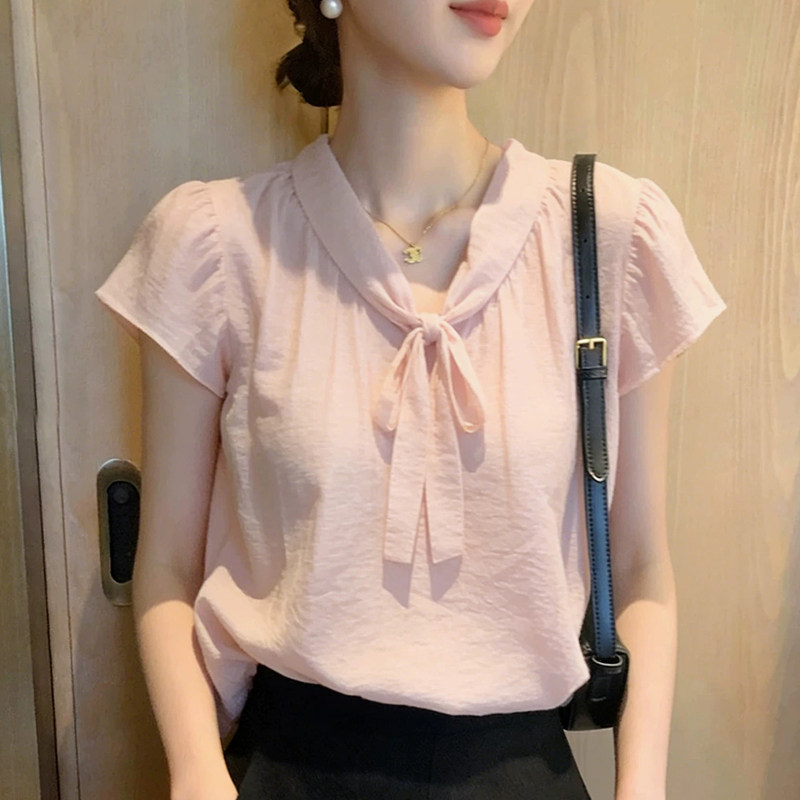 夏季新款粉色短袖衬衫女设计感小众法高级感系带设计感套头上