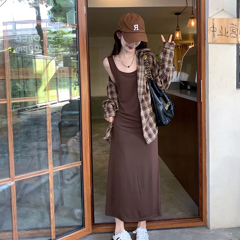 夏装新款韩款大码女装气质背心连衣裙格子衬衫套装