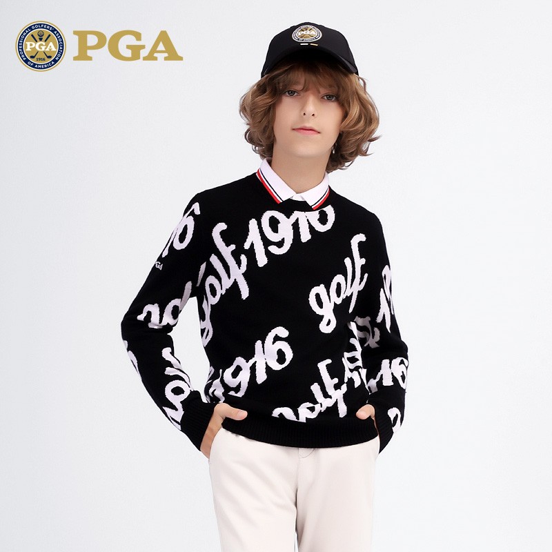 美国PGA 2021秋冬高尔夫服装 男童毛衣长袖圆领加厚丝光羊毛衣帅