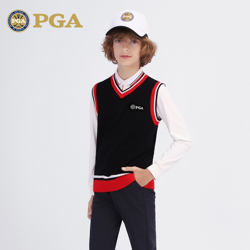 美国PGA21秋冬新款 高尔夫童装毛衣 男童马甲背心 舒适保暖桃心领
