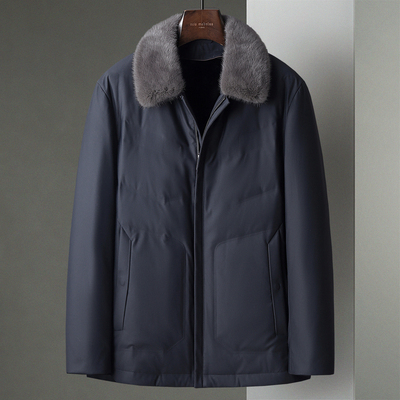 冬季中年男士水貂毛领羽绒服可脱卸兔毛内胆尼克服爸爸装茄克外套