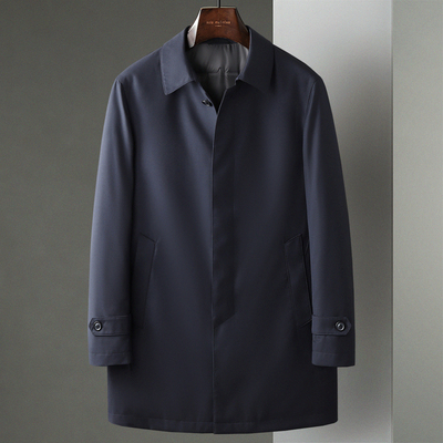 藏青色爸爸装翻领中长款羊毛商务休闲风衣中年男士轻盈羽绒服外套