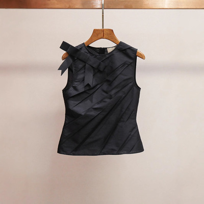 深圳南油高端女装夏季新款复古法式设计感蝴蝶结褶皱无袖衬衫上衣