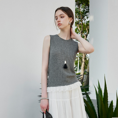 CLMX 定织时装感高密精纺羊毛纱 经典百搭花边针织蕾丝拼接背心