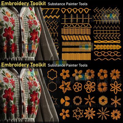 Substance Painter 手工刺绣材质纹理 花卉图案笔刷 缝线素材0559