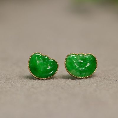 辣绿天然A货翡翠如意耳钉