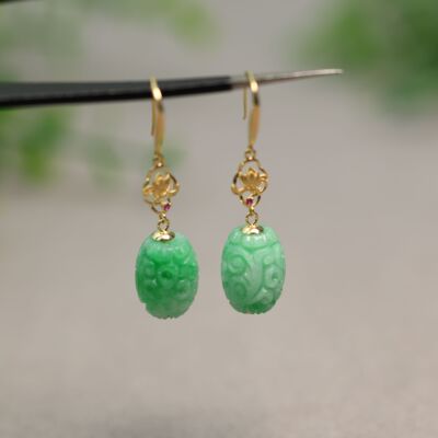 天然A货翡翠雕花桶珠耳坠