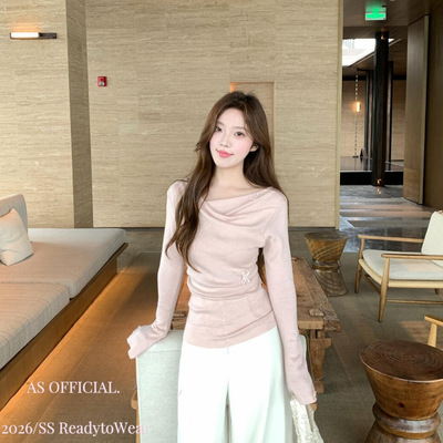 AS OFFICIAL 春夏法式温柔风立体蝴蝶百搭荡领长袖针织衫女