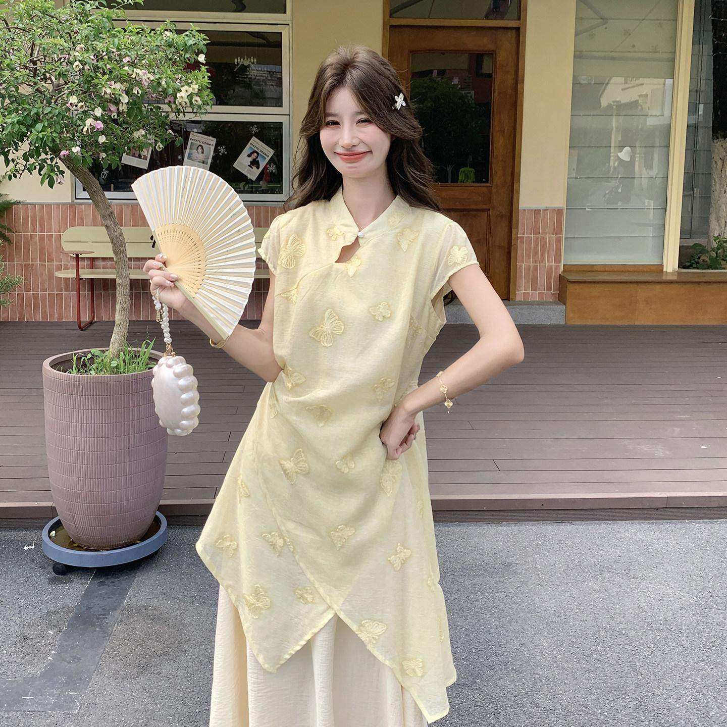 新中式黄色蝴蝶刺绣连衣裙女夏假两件改良旗袍裙千金风潮流感轻薄