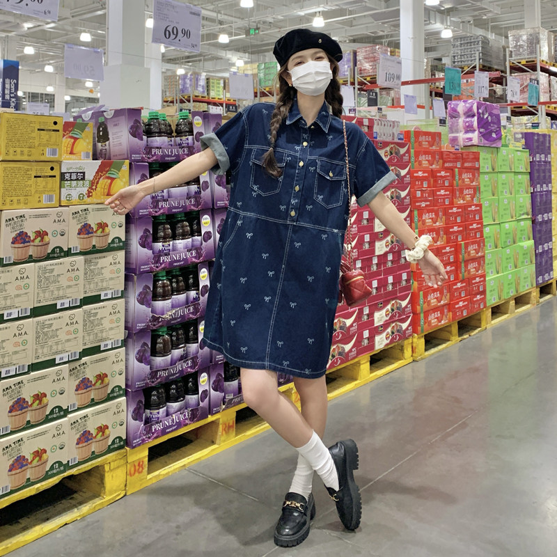 牛仔风连衣裙女夏宽松显瘦翻领短袖蓝色中长裙小个子衬衫裙通勤漂