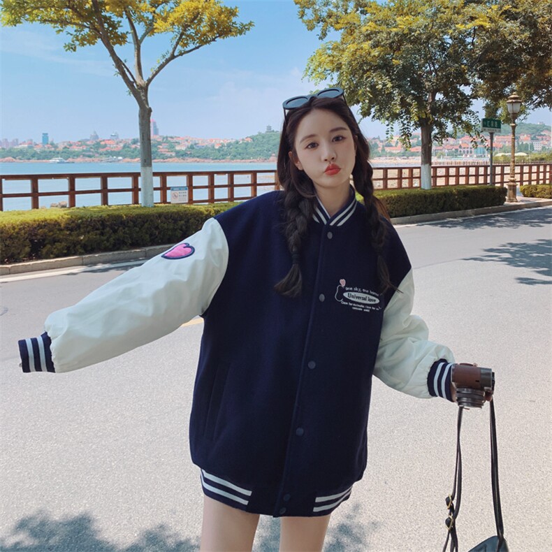 甜美风美式复古棒球服女撞色拼接短外套学院风夹克藏青色洋气美式
